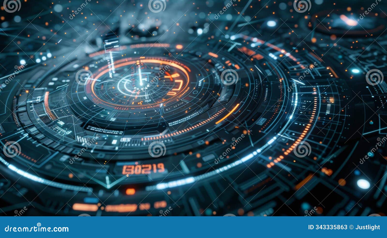 Futuristic Hud Display Showing Rotating Circular Data Interface with Digital Numbers and Light ...