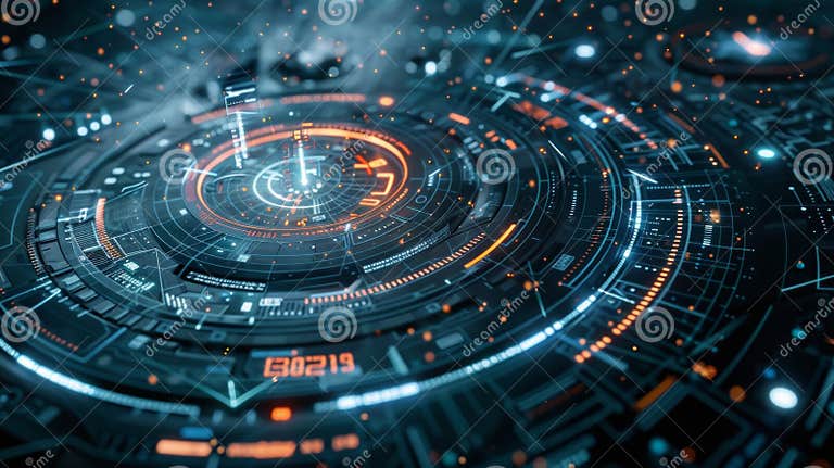 Futuristic Hud Display Showing Rotating Circular Data Interface with Digital Numbers and Light ...