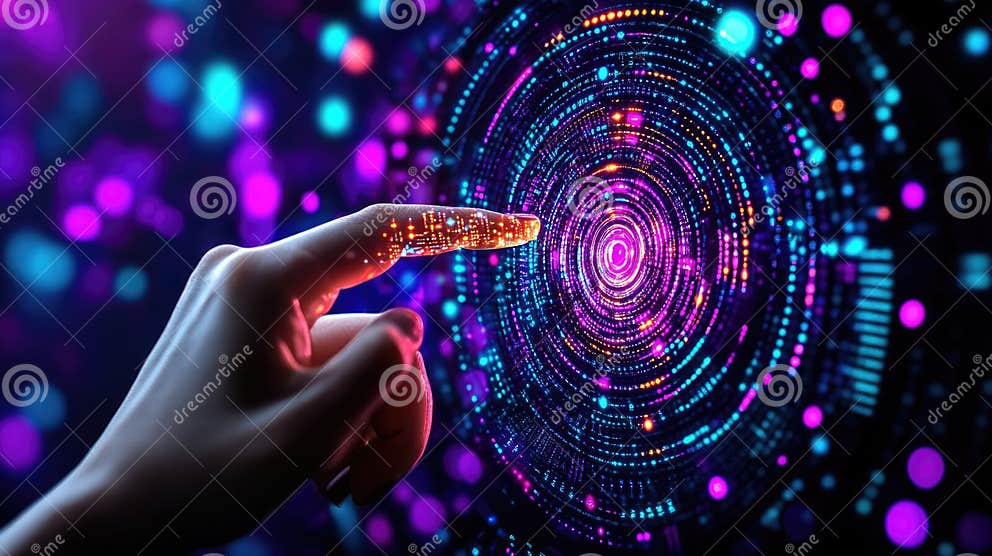 Futuristic Human Hand Touching Digital Interface with Vivid Neon Lights ...