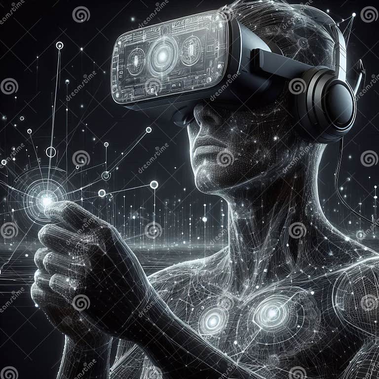 Futuristic Human with VR Headset in Digital Network Environment Stock ...