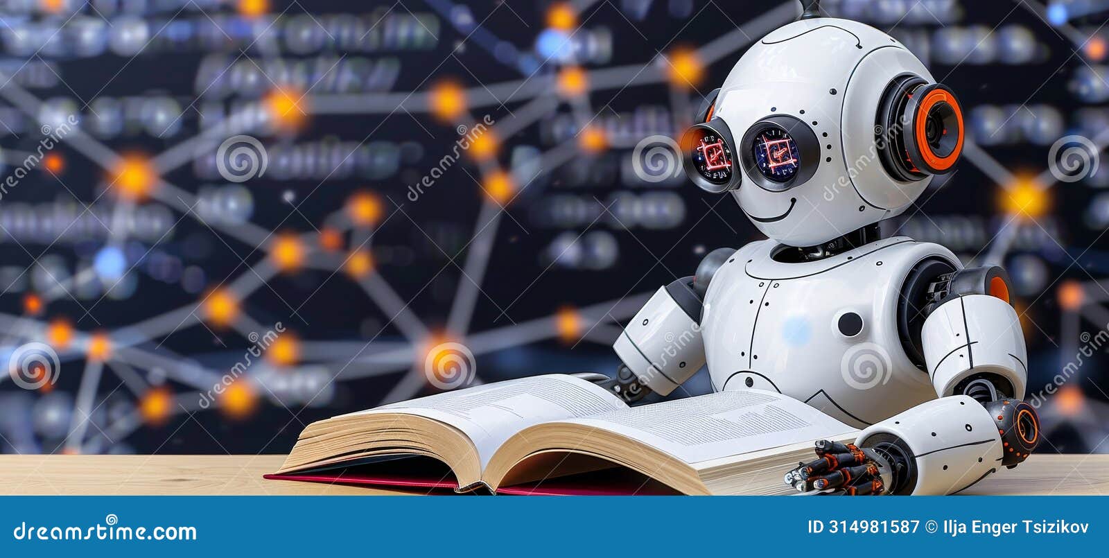 Futuristic Humanoid Ai Robot with Book, Holographic Math Formulas on ...