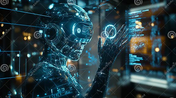 Futuristic Humanoid with VR Headset Interacting with Digital Interface ...