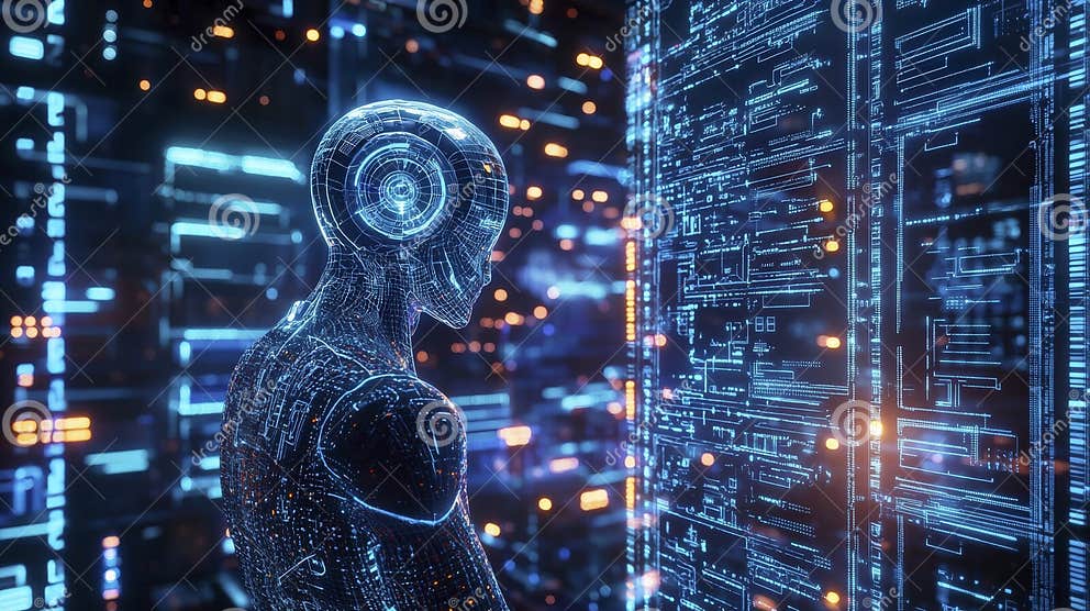 Futuristic Humanoid Machine Analyzing Data Virtual City Digital Art ...