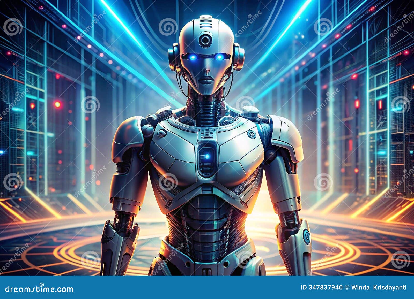 Futuristic Humanoid Robot in a Data Center Stock Illustration ...