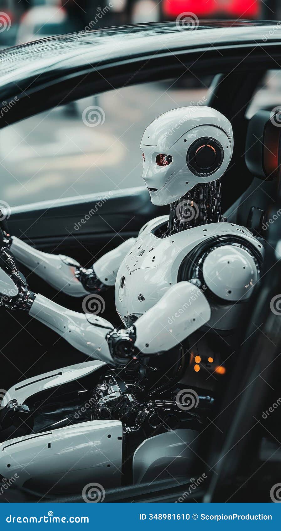 Futuristic Humanoid Robot Driving a Car Stock Photo - Image of advanced ...