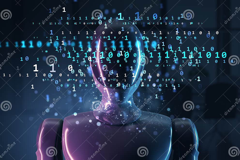 Futuristic Humanoid Robot with Glowing Digital Binary Code in Dark ...