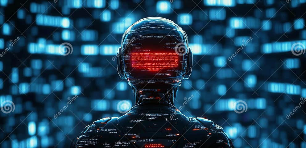 A Futuristic Humanoid Robot with Glowing Red Eyes Stands Against a ...
