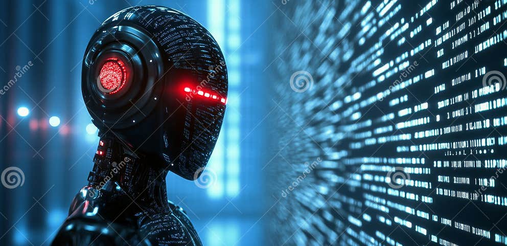 A Futuristic Humanoid Robot with Glowing Red Eyes Stands Against a ...