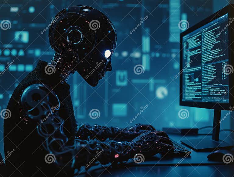 Futuristic Humanoid Robot Intensely Focused on Coding, Highlighting AI ...