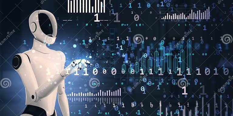 Futuristic Humanoid Robot Interacting with Digital Data and Binary Code in a High-tech ...