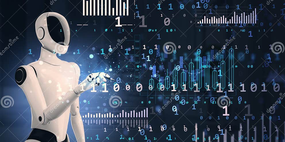 Futuristic Humanoid Robot Interacting with Digital Data and Binary Code in a High-tech ...