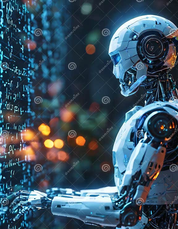 Futuristic Humanoid Robot Interacting with Digital Data on a Screen ...