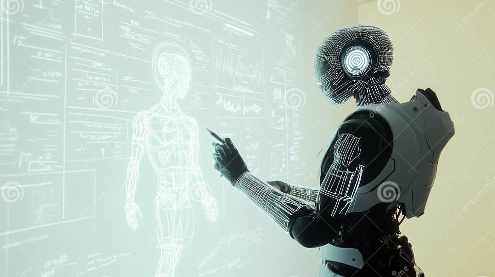 Futuristic Humanoid Robot Interacting with Virtual 3D Interface Stock ...