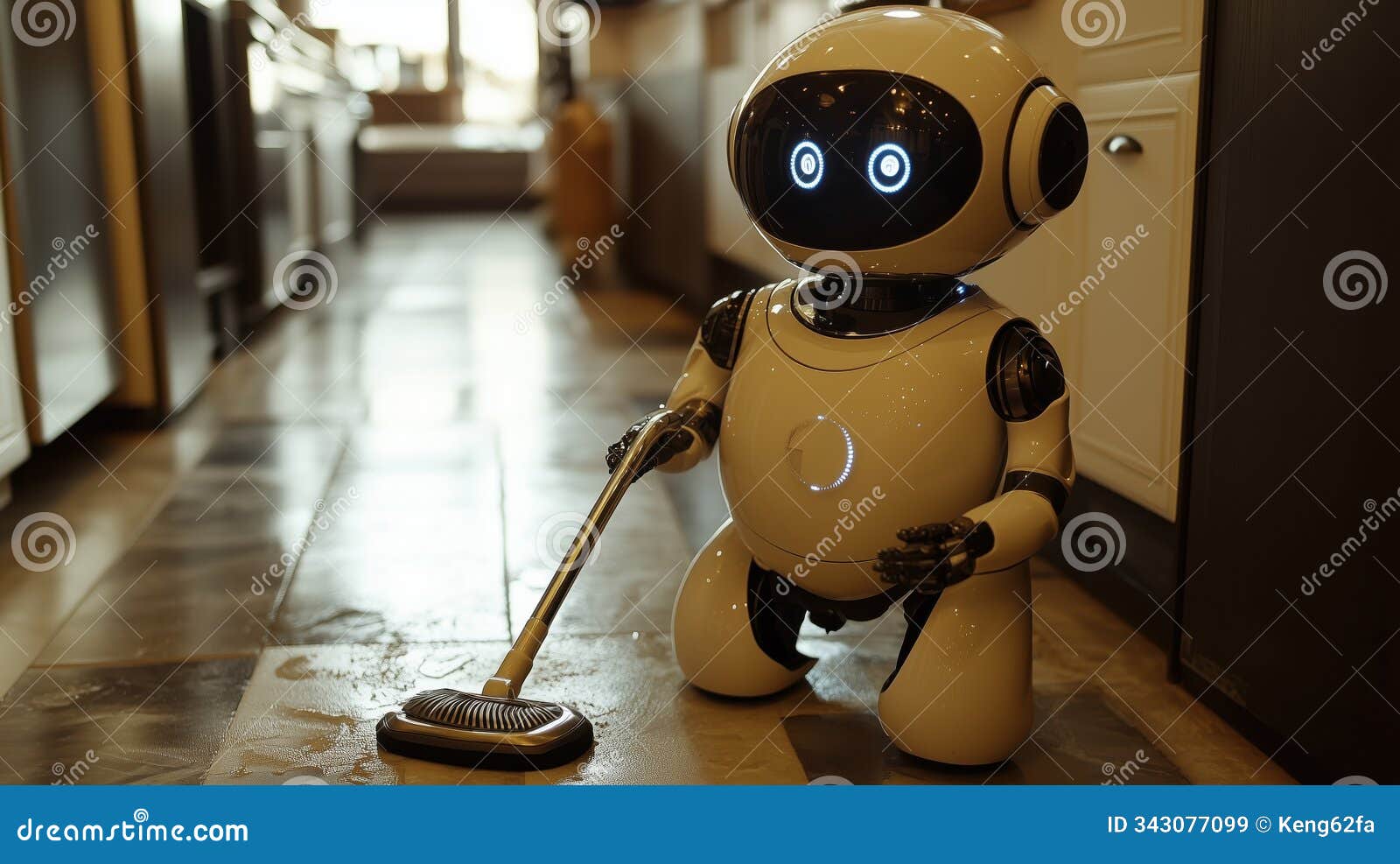 Futuristic Humanoid Robot Mopping Floor in Modern Kitchen Setting Stock ...