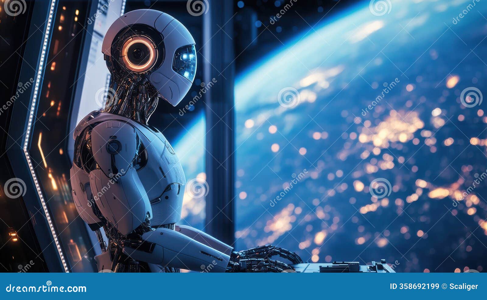 Robot In Outer Space. Cyborg Closeup Portrait. Fictional Creature ...