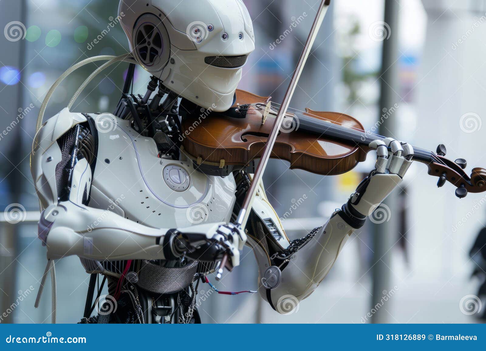 Futuristic Robot Playing a Violin on Stage and Enjoying the Music Stock ...