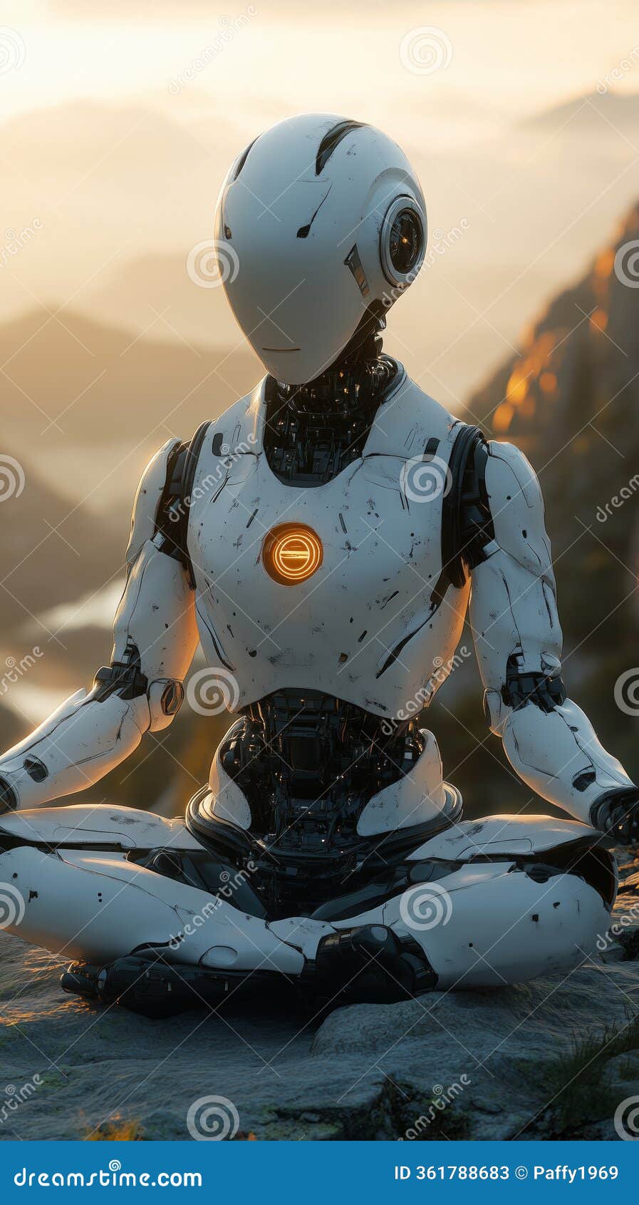 Futuristic Humanoid Robot Practicing Meditation on a Mountain at Sunrise. Concept of Mindfulness ...