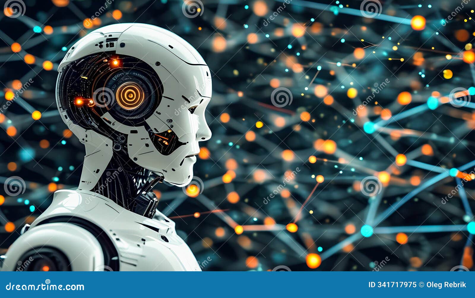 Futuristic Humanoid Robot Profile Against A Network Of Glowing Data ...