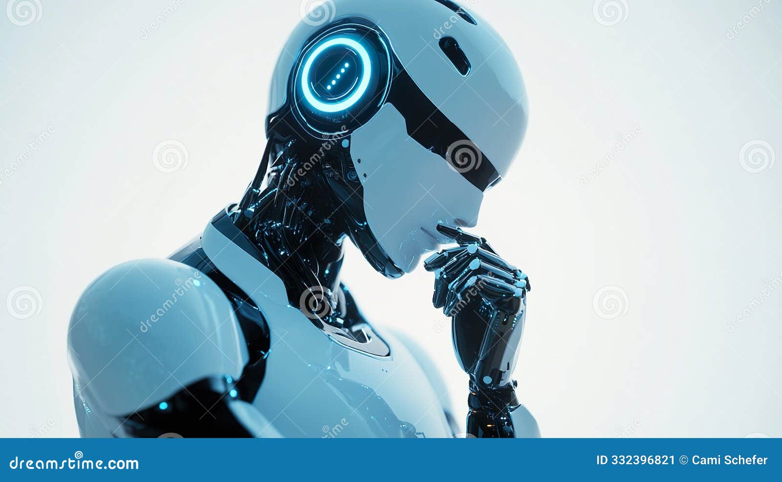 Futuristic Humanoid Robot in a Reflective Thinking Pose Stock Image ...