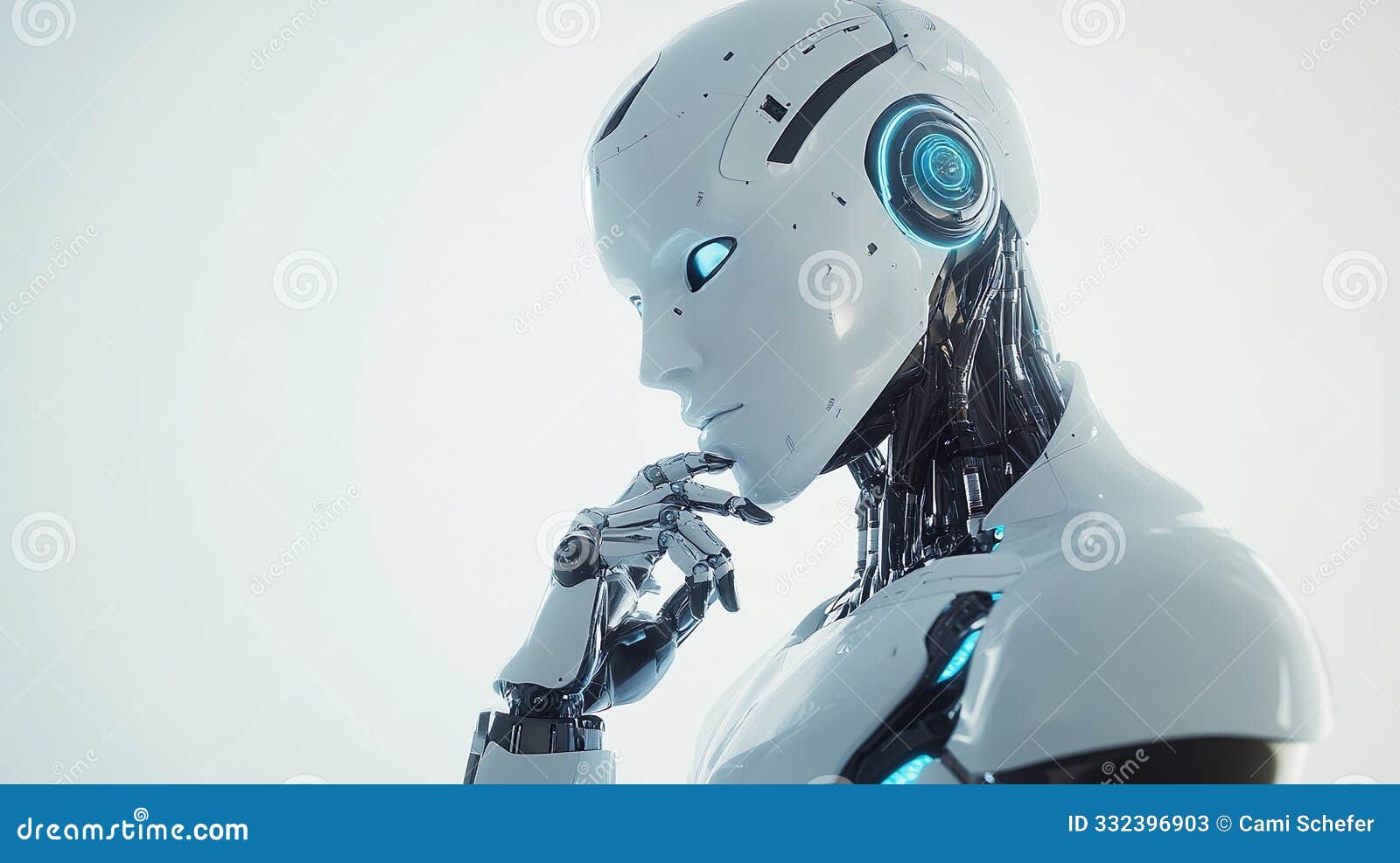 Futuristic Humanoid Robot in a Reflective Thinking Pose Stock Image ...