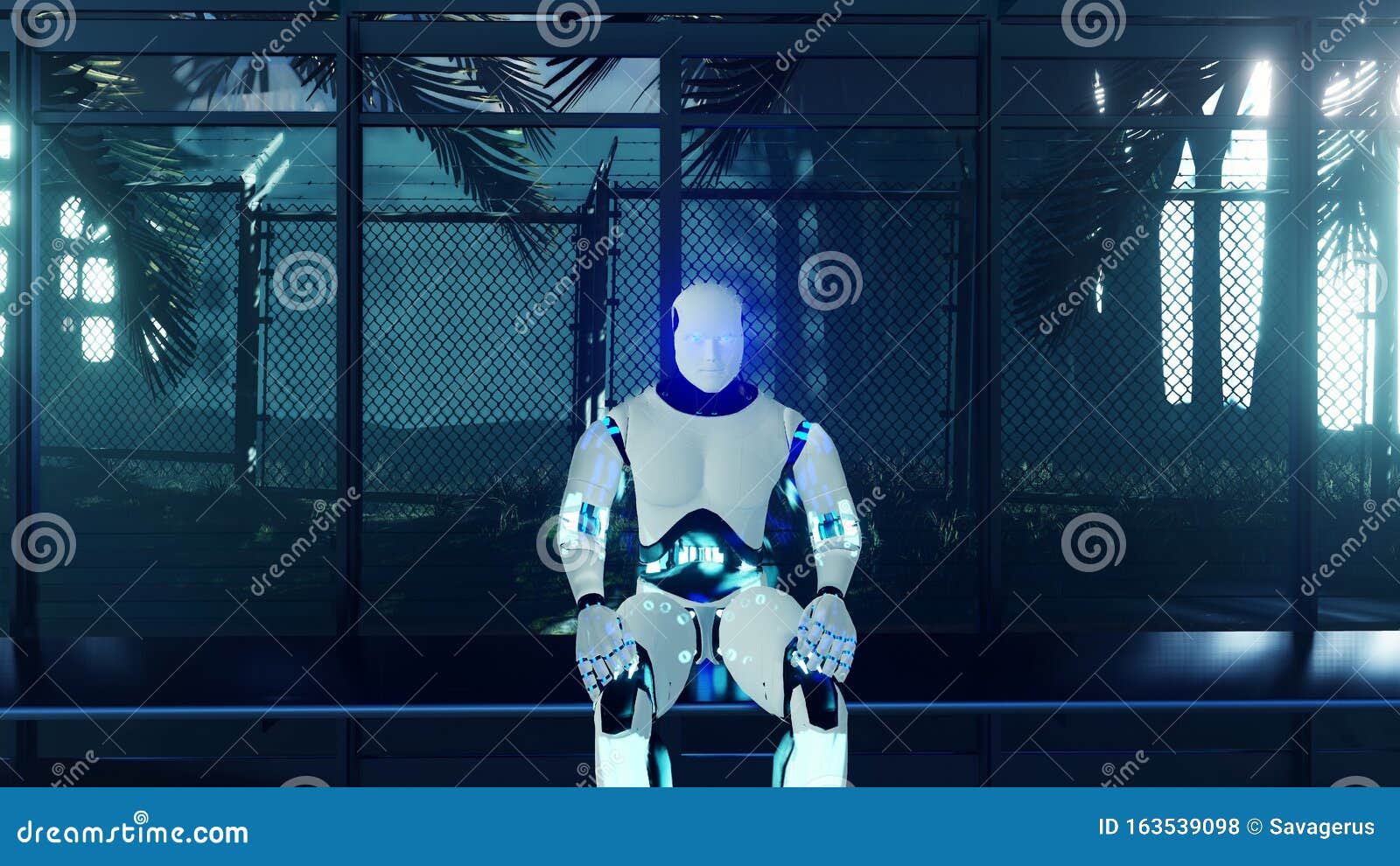A Futuristic Humanoid Robot Sits Alone at a Bus Stop. the Concept of ...