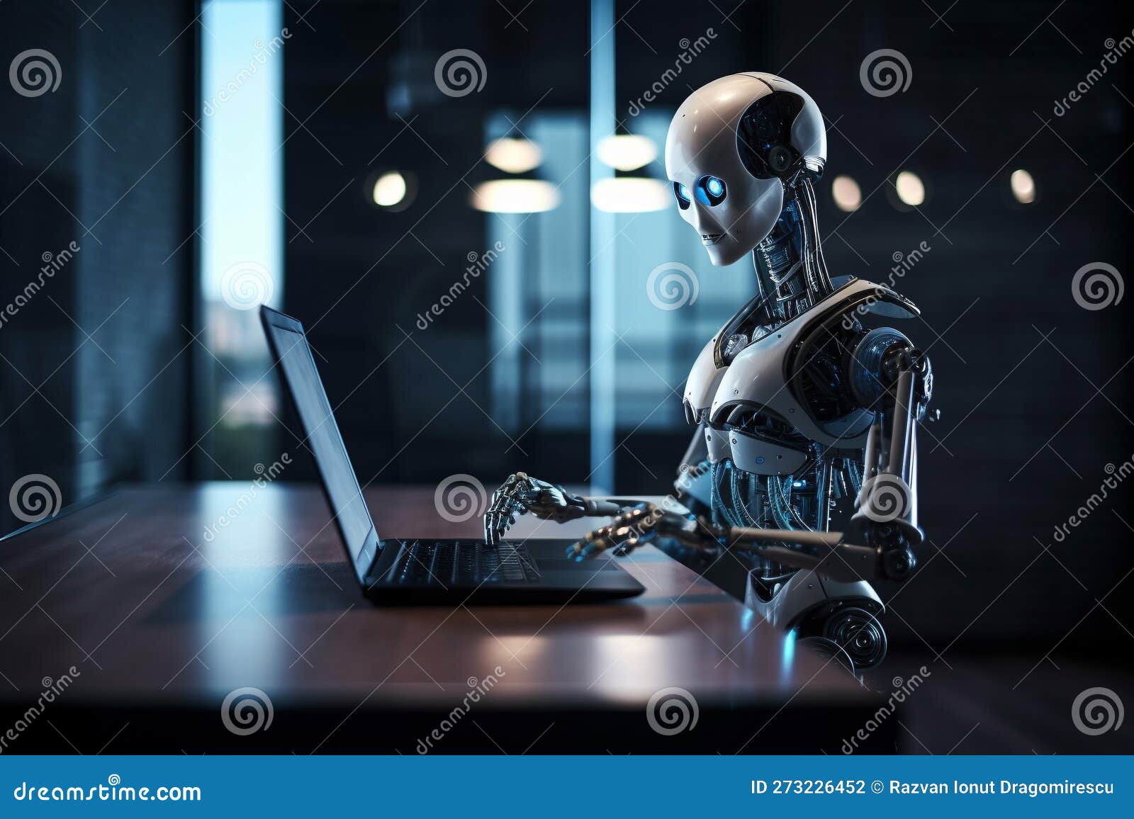 Futuristic Humanoid Robot, Sitting in Front of a Laptop and Texting ...
