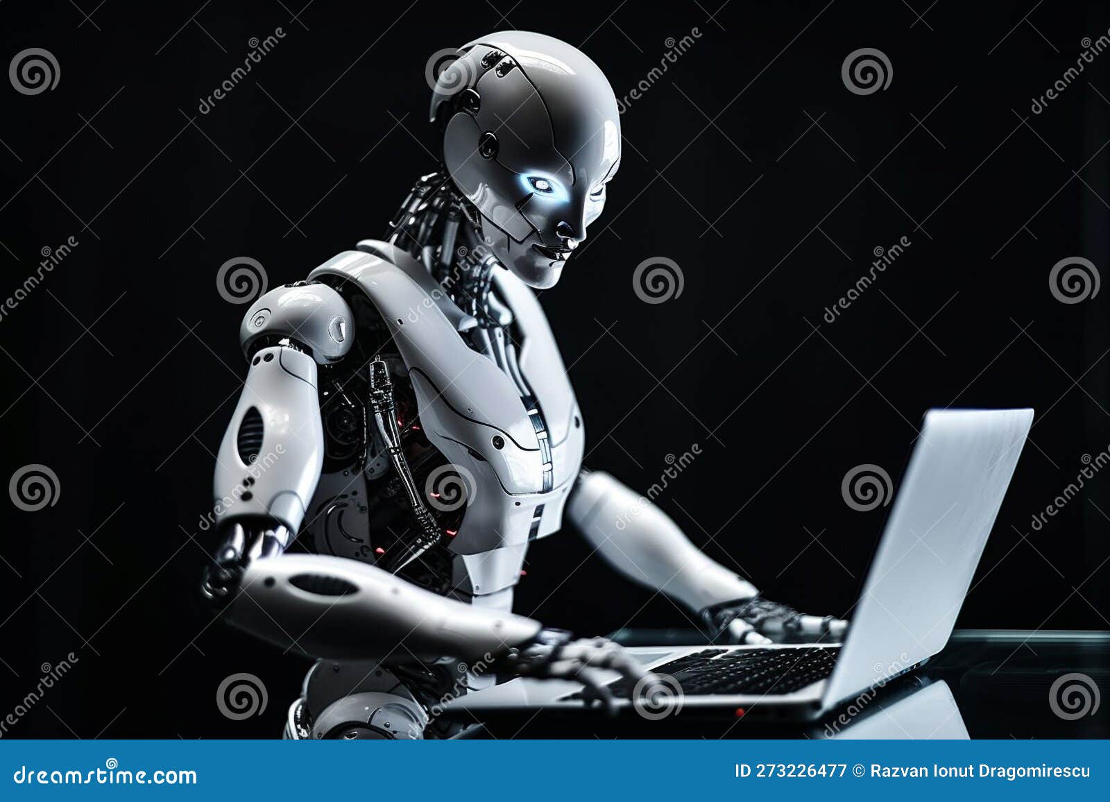 Futuristic Humanoid Robot, Sitting in Front of a Laptop and Texting ...