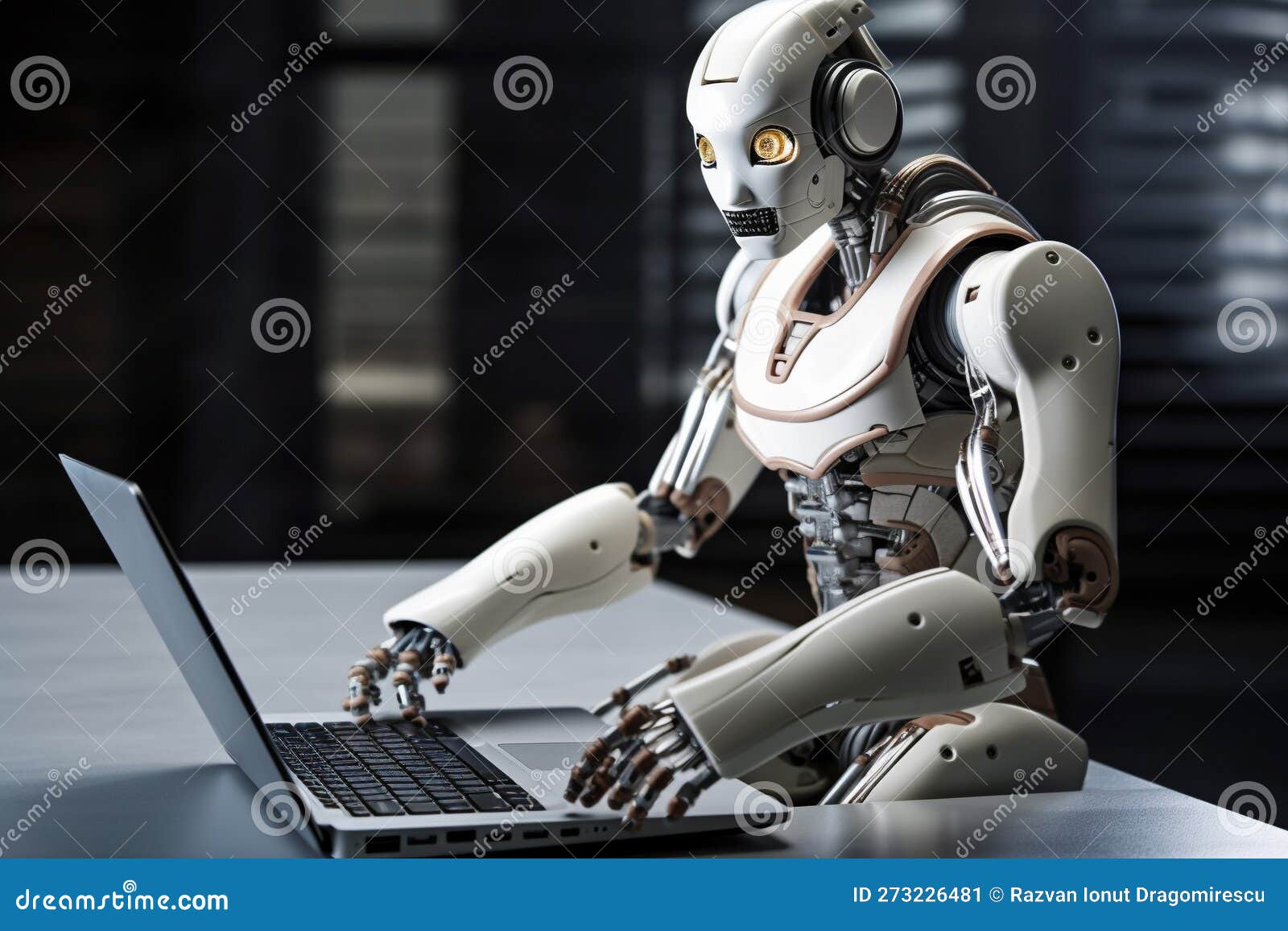 Futuristic Humanoid Robot, Sitting in Front of a Laptop and Texting ...