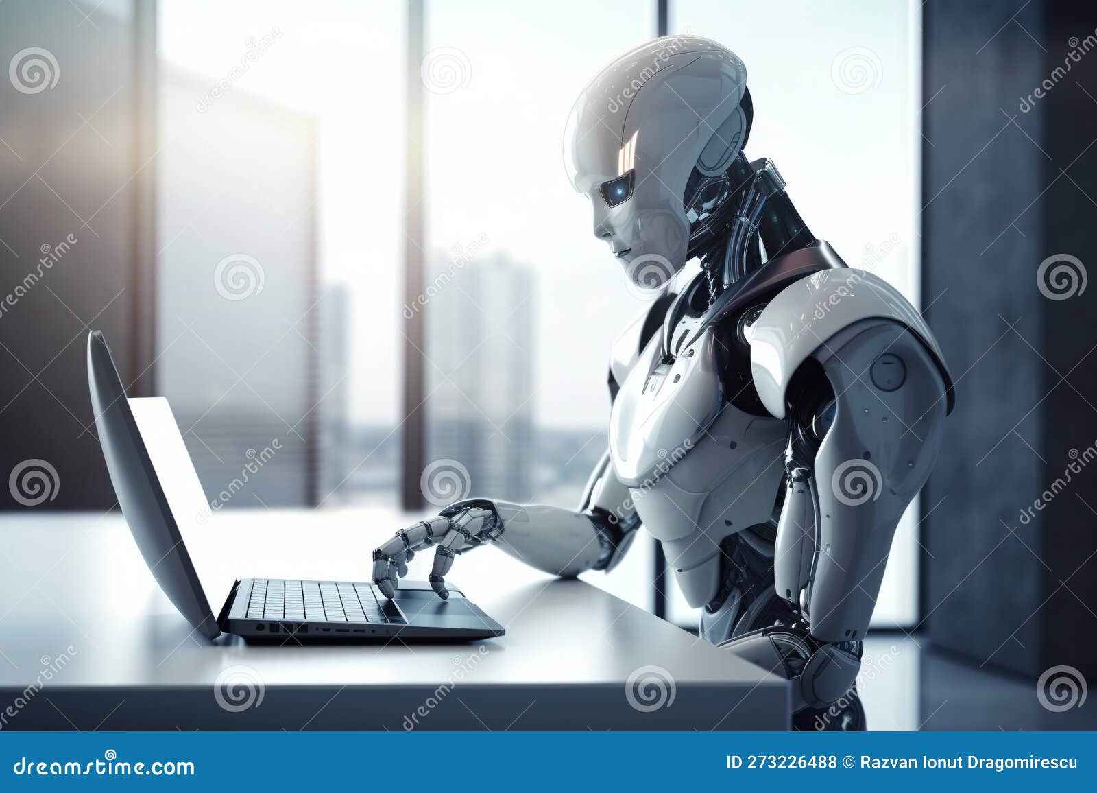 Futuristic Humanoid Robot, Sitting in Front of a Laptop and Texting ...