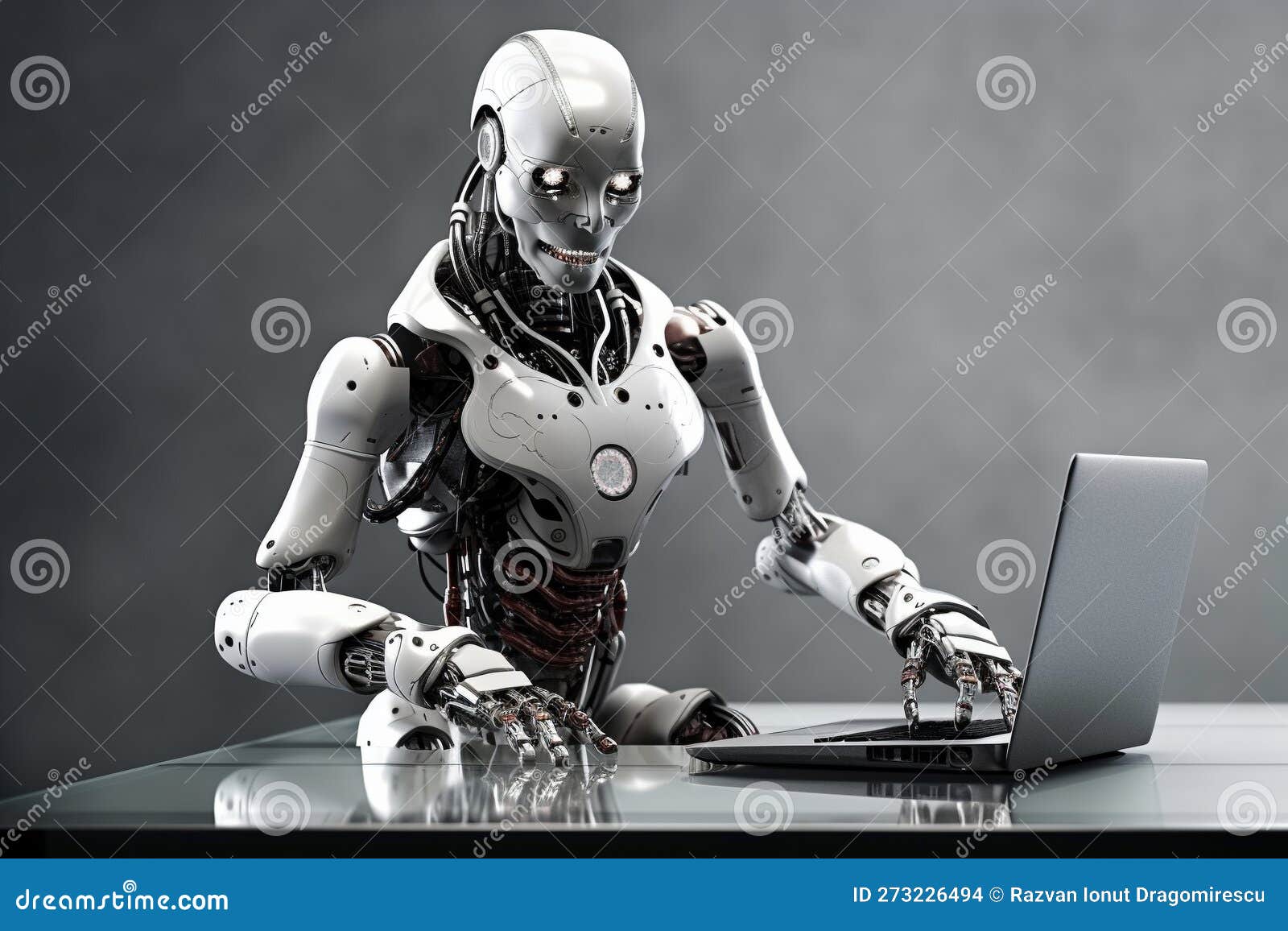 Futuristic Humanoid Robot, Sitting in Front of a Laptop and Texting ...