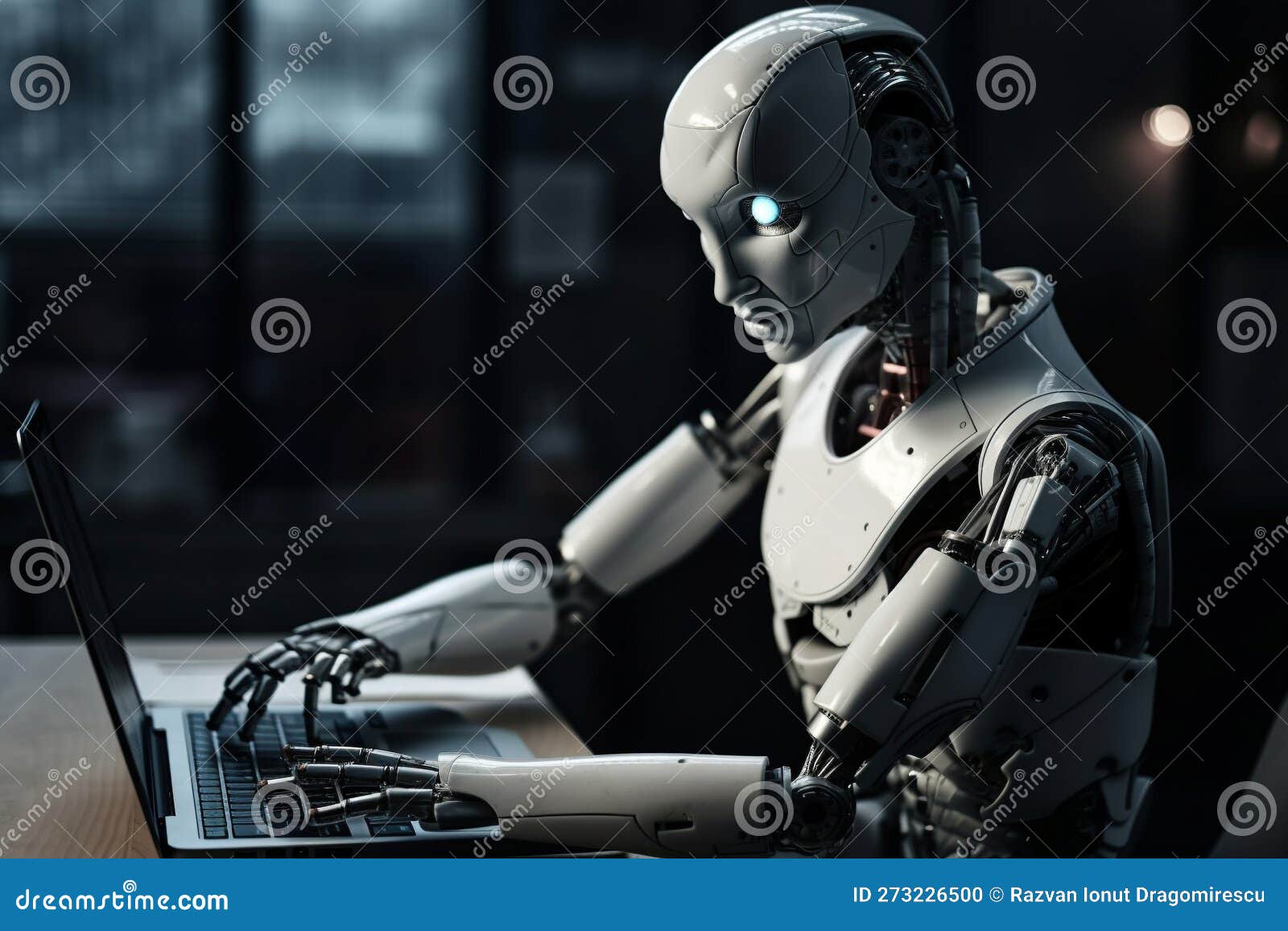 Futuristic Humanoid Robot, Sitting in Front of a Laptop and Texting ...