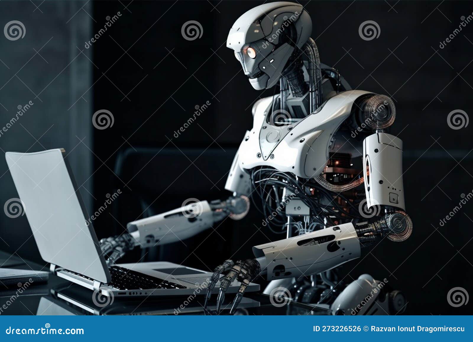 Futuristic Humanoid Robot, Sitting in Front of a Laptop and Texting ...