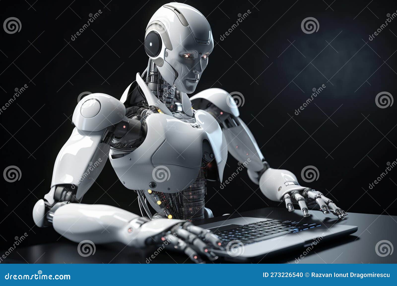 Futuristic Humanoid Robot, Sitting in Front of a Laptop and Texting ...