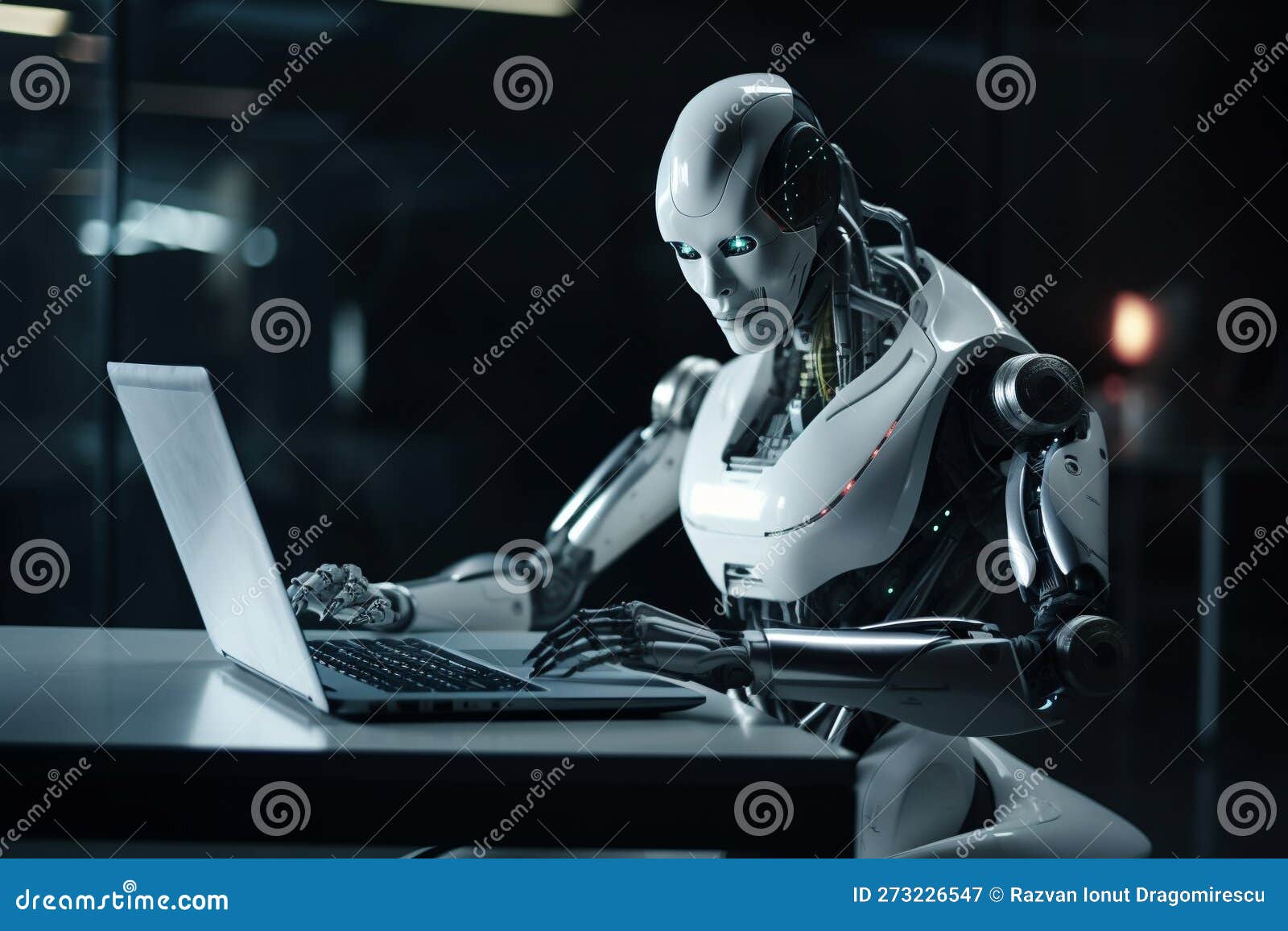 Futuristic Humanoid Robot, Sitting in Front of a Laptop and Texting ...