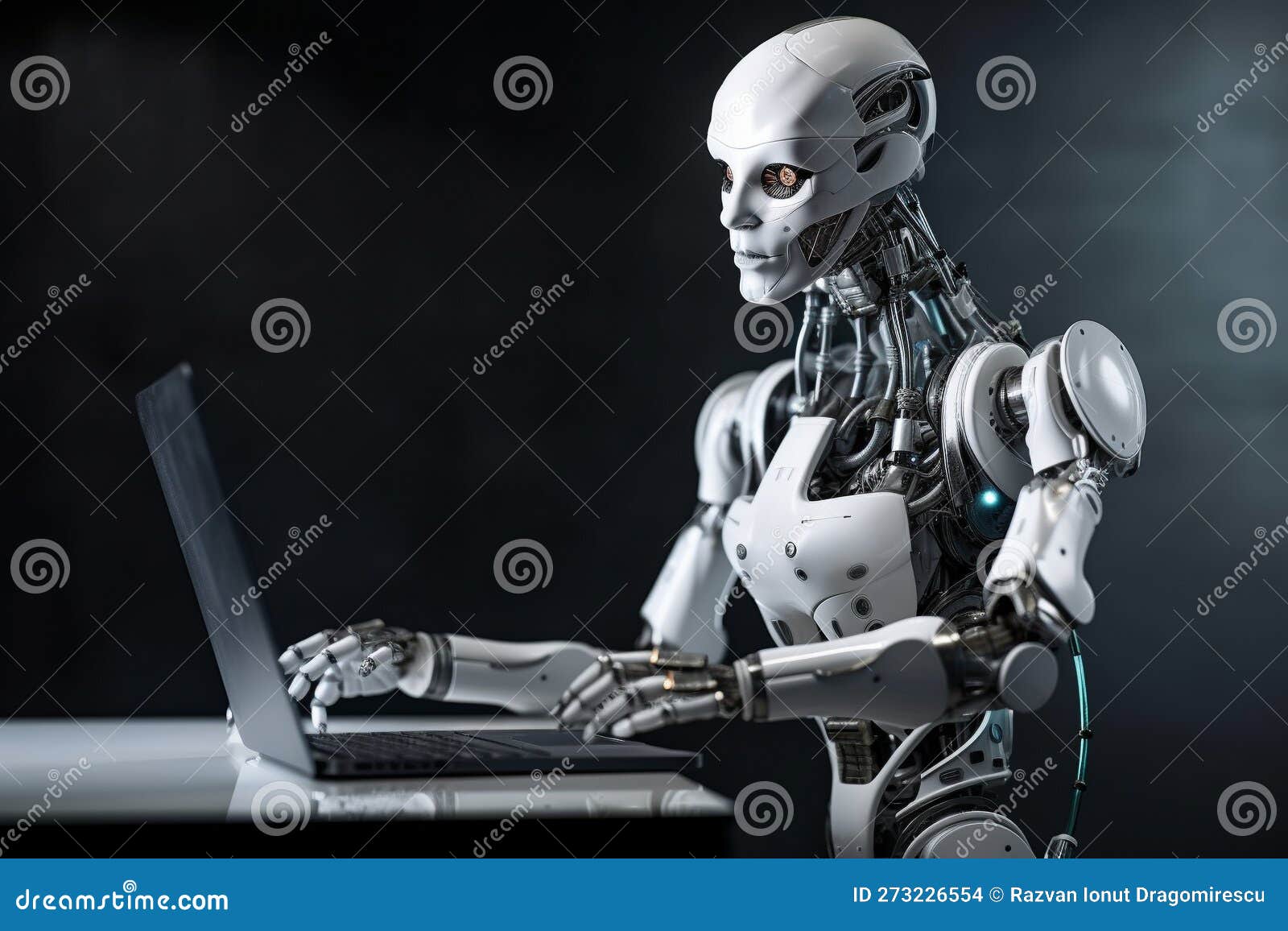 Futuristic Humanoid Robot, Sitting in Front of a Laptop and Texting ...