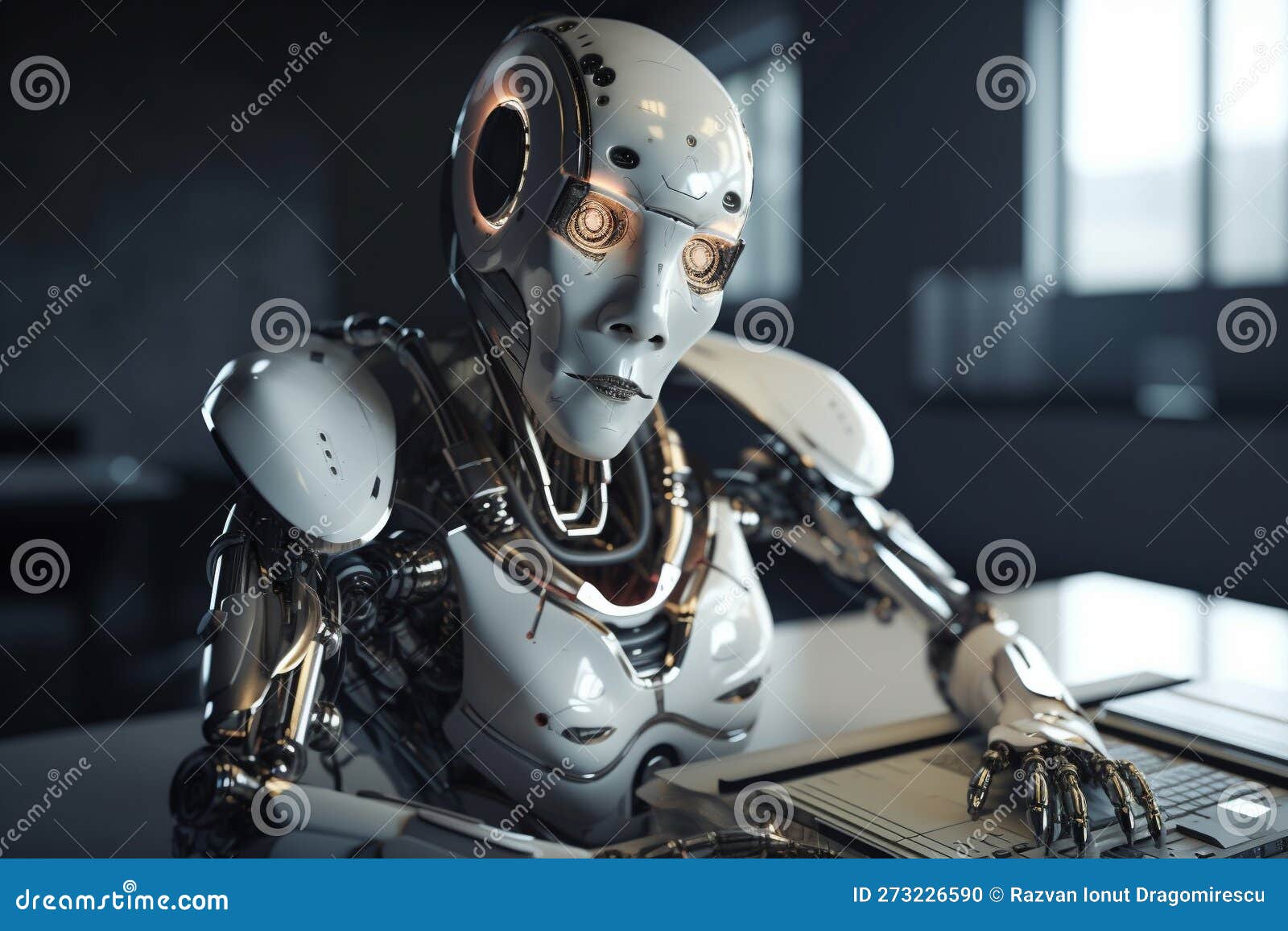 Futuristic Humanoid Robot, Sitting in Front of a Laptop and Texting ...