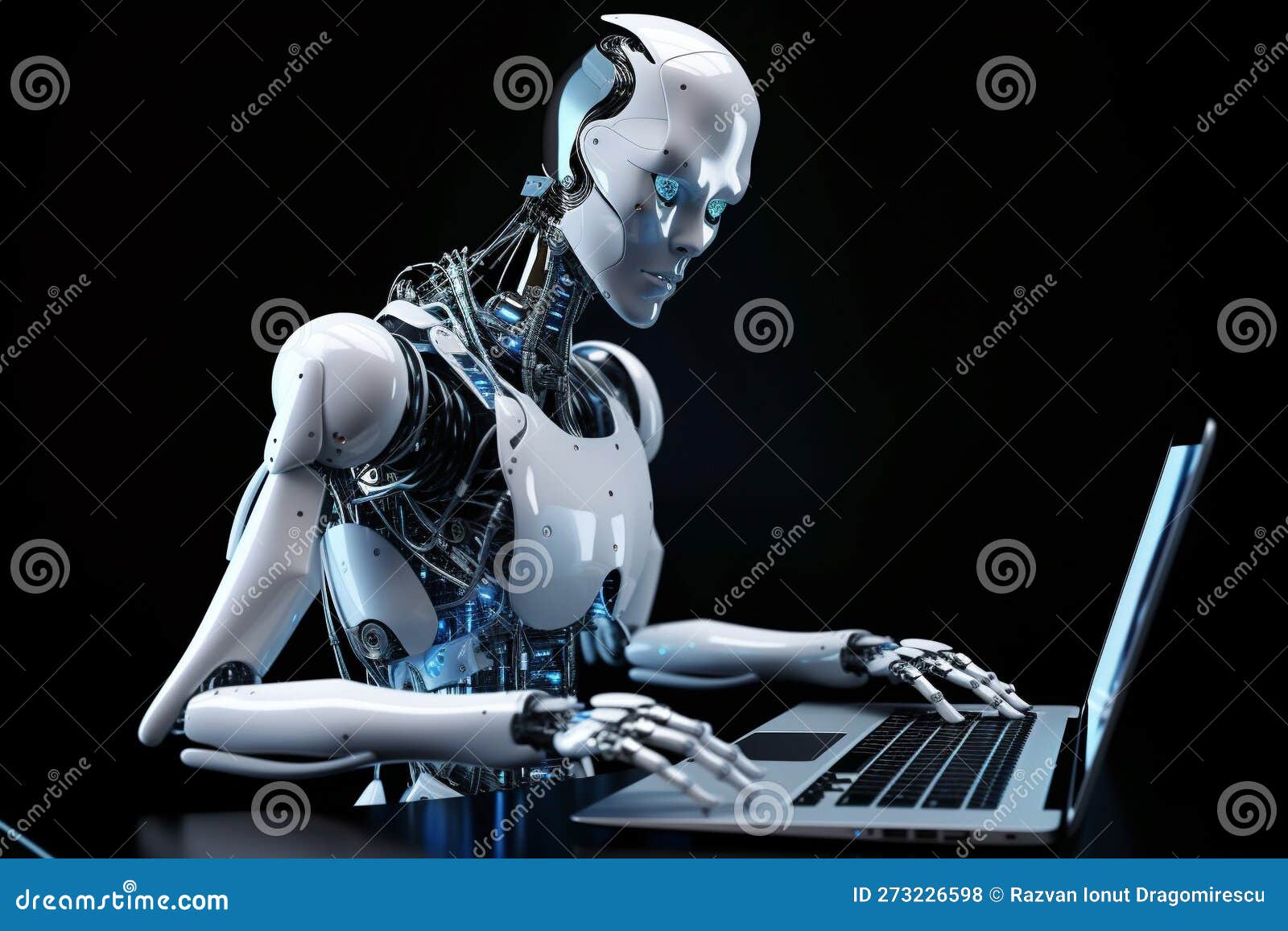 Futuristic Humanoid Robot, Sitting in Front of a Laptop and Texting ...