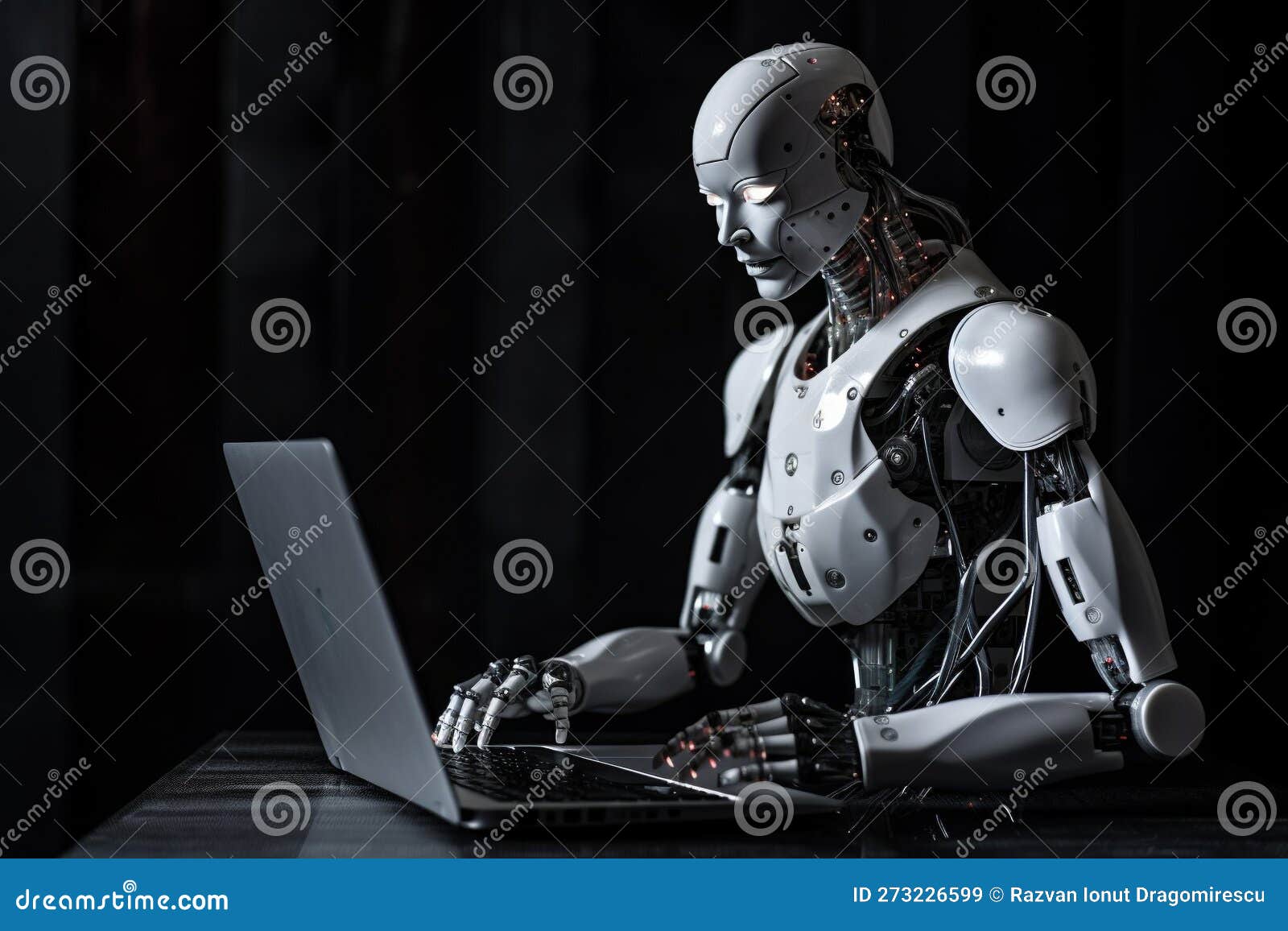 Futuristic Humanoid Robot, Sitting in Front of a Laptop and Texting ...