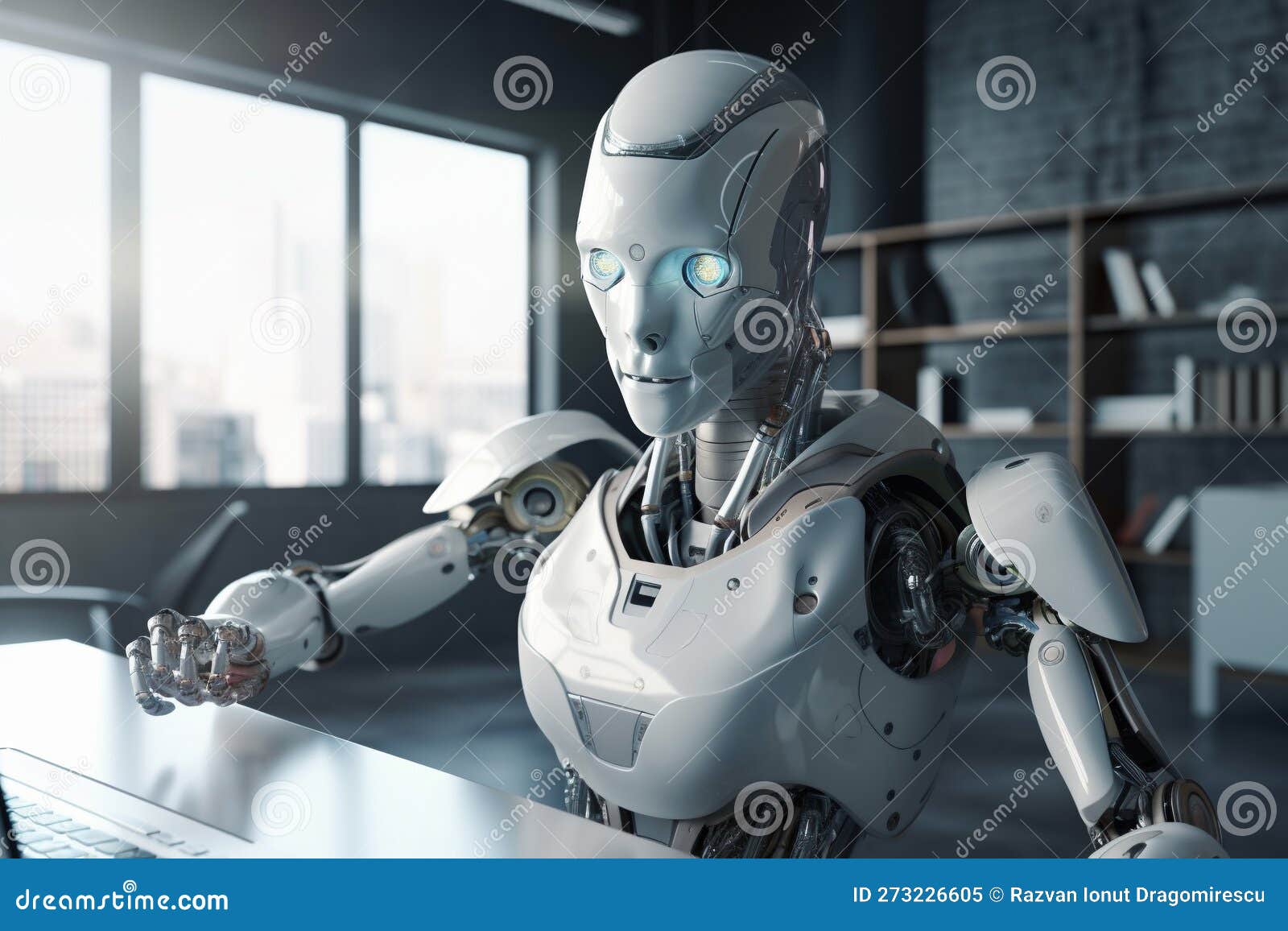 Futuristic Humanoid Robot, Sitting in Front of a Laptop and Texting ...