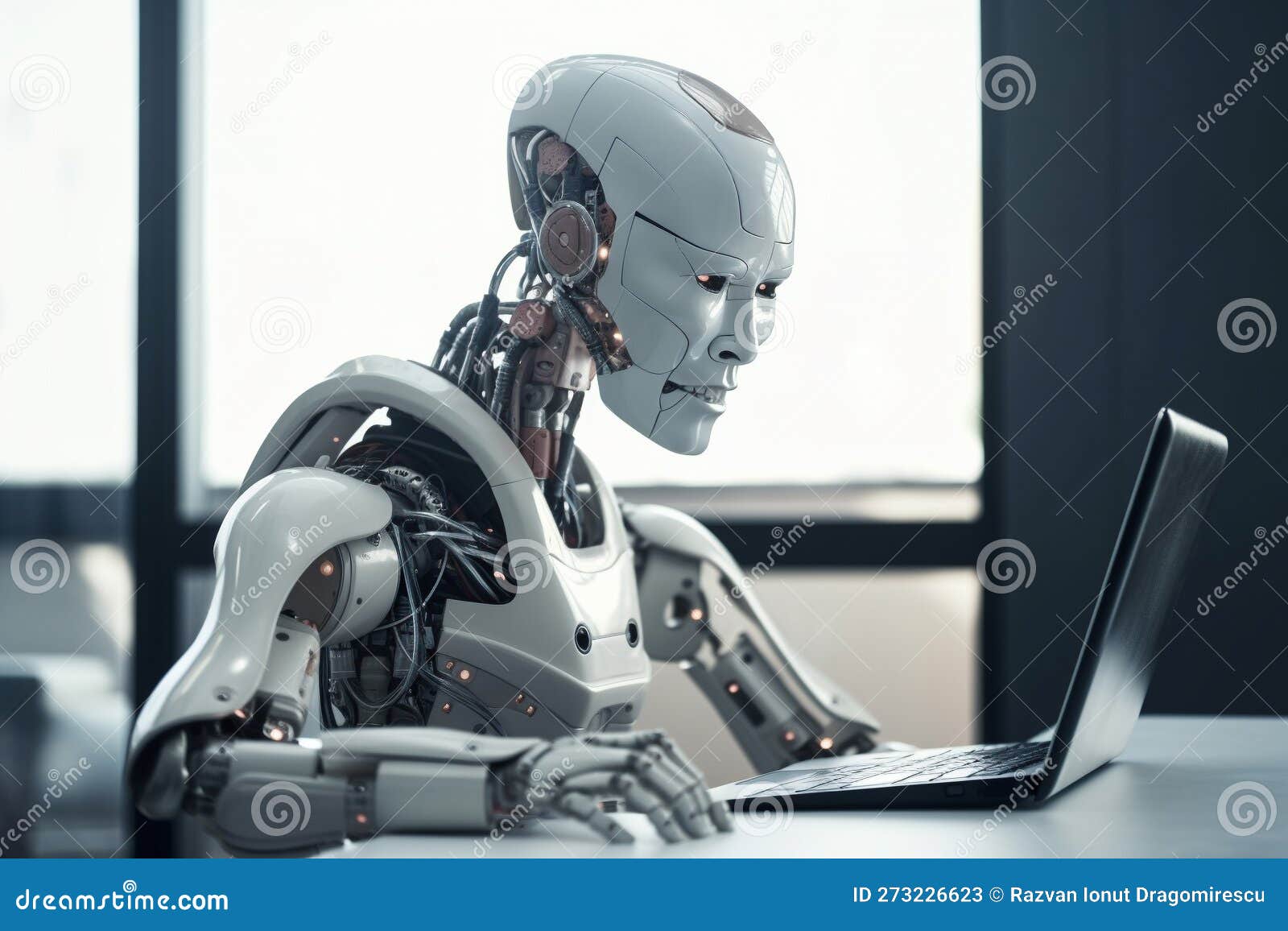 Futuristic Humanoid Robot, Sitting in Front of a Laptop and Texting ...