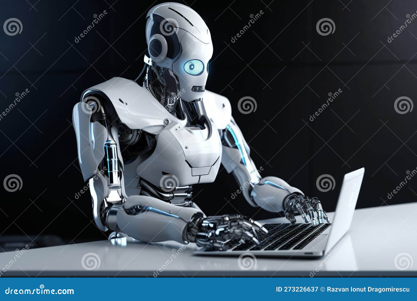 Futuristic Humanoid Robot, Sitting in Front of a Laptop and Texting ...