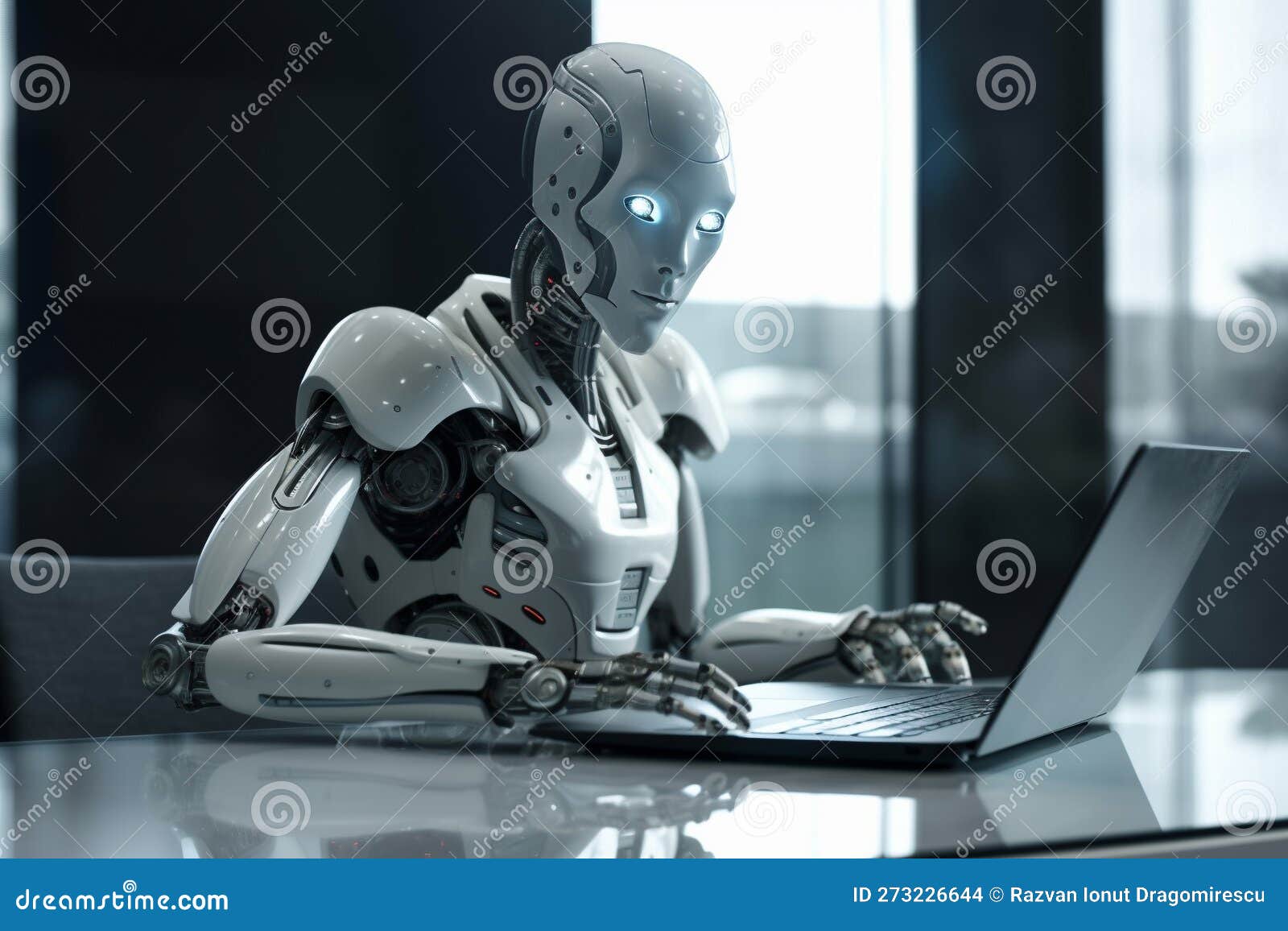 Futuristic Humanoid Robot, Sitting in Front of a Laptop and Texting ...