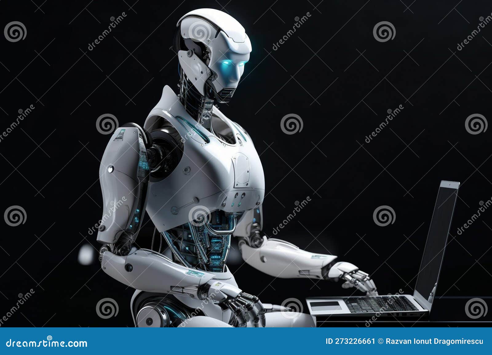 Futuristic Humanoid Robot, Sitting in Front of a Laptop and Texting ...