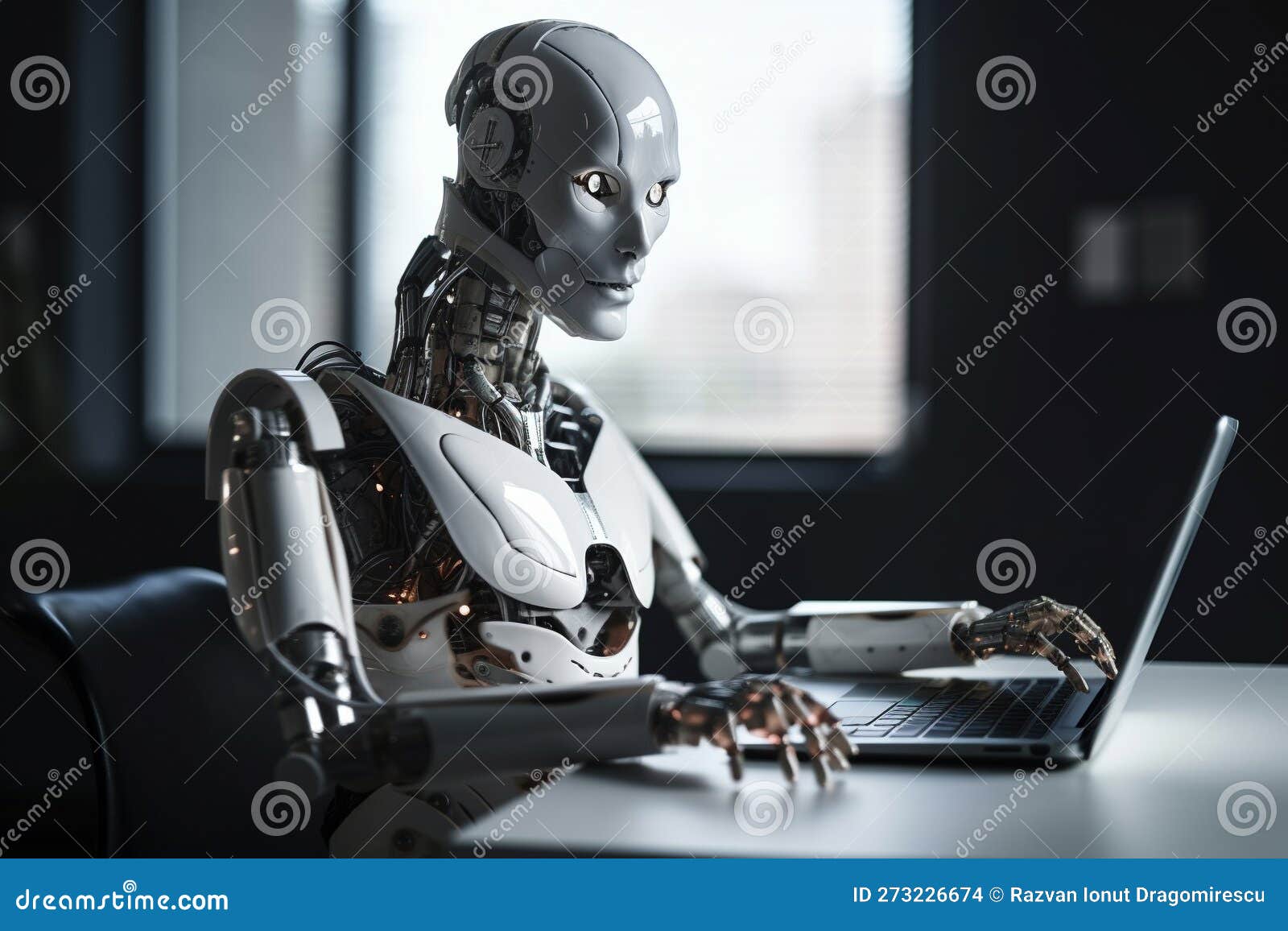 Futuristic Humanoid Robot, Sitting in Front of a Laptop and Texting ...