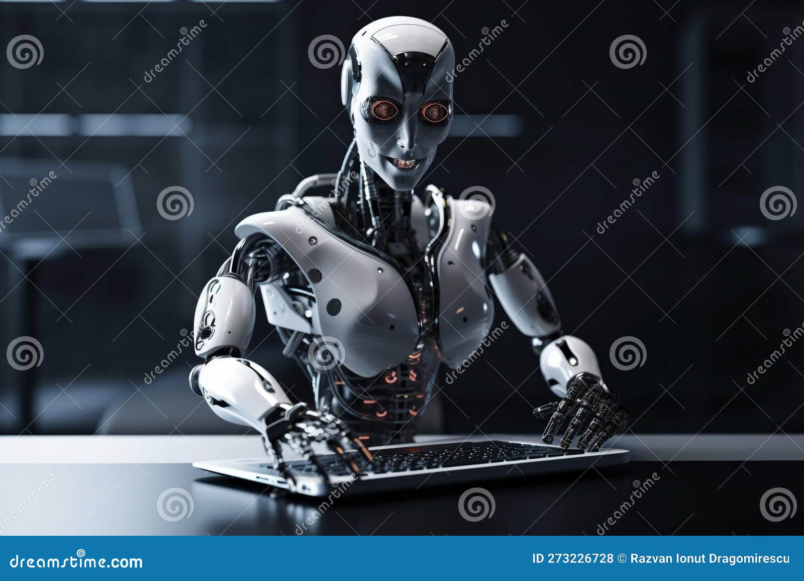 Futuristic Humanoid Robot, Sitting in Front of a Laptop and Texting ...
