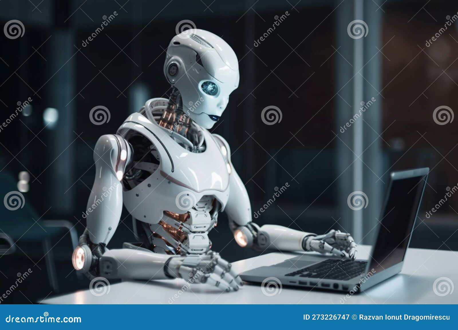 Futuristic Humanoid Robot, Sitting in Front of a Laptop and Texting ...