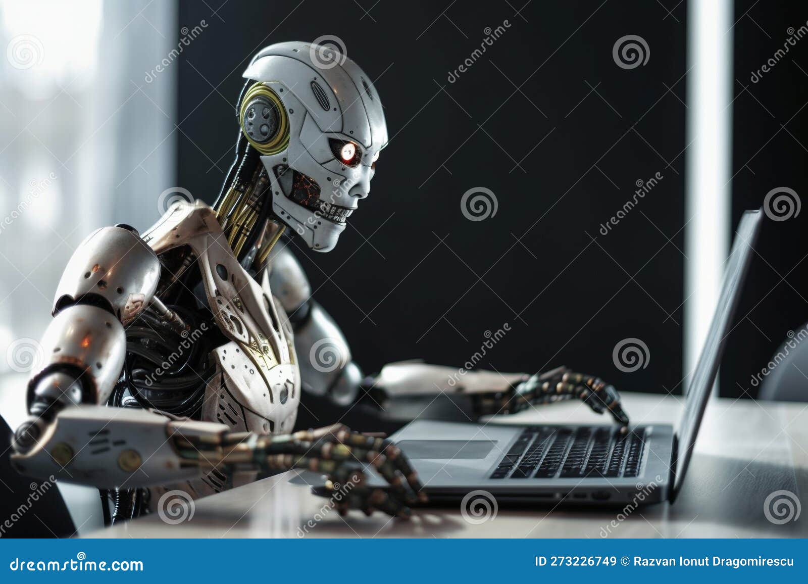 Futuristic Humanoid Robot, Sitting in Front of a Laptop and Texting ...