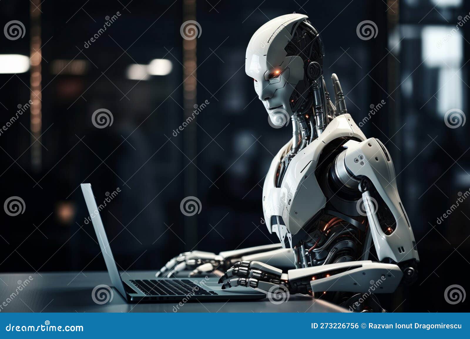 Futuristic Humanoid Robot, Sitting in Front of a Laptop and Texting ...