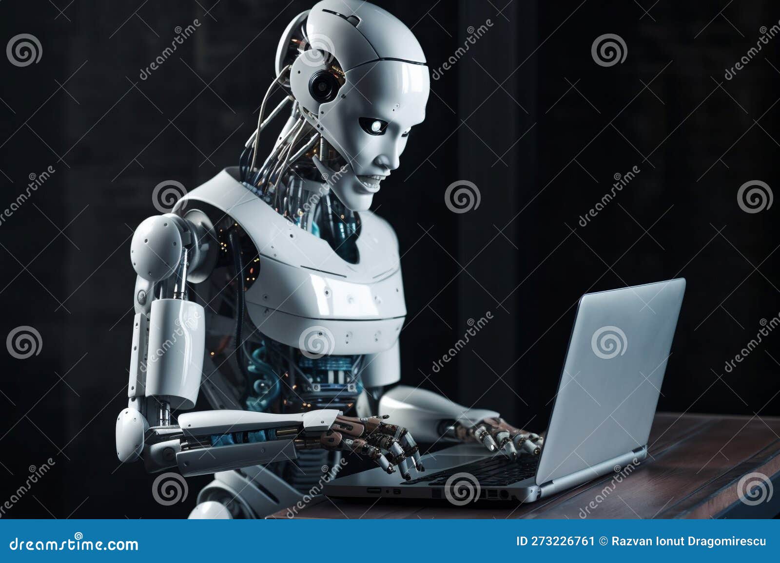Futuristic Humanoid Robot, Sitting in Front of a Laptop and Texting ...