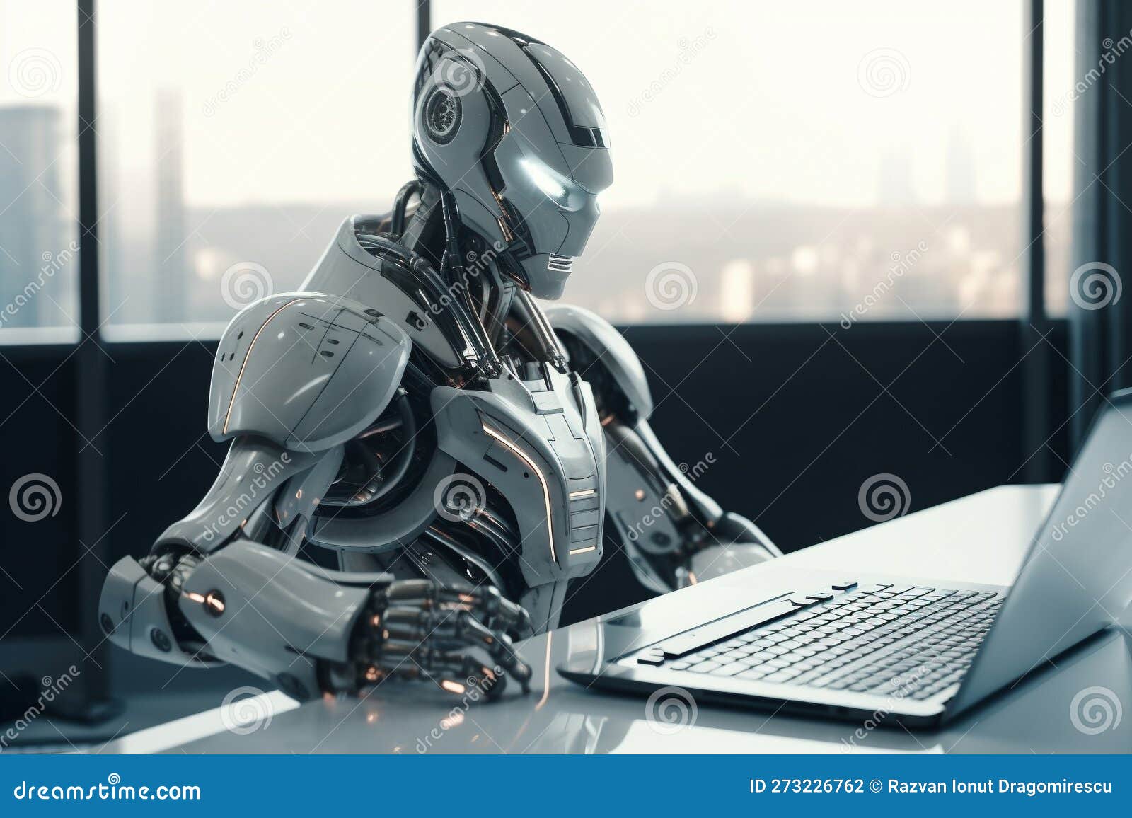 Futuristic Humanoid Robot, Sitting in Front of a Laptop and Texting ...